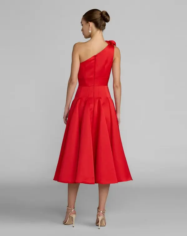 Mac Duggal One Shoulder Satin Midi Dress With 3d Flower Accent - Red