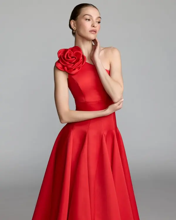 Mac Duggal One Shoulder Satin Midi Dress With 3d Flower Accent - Red