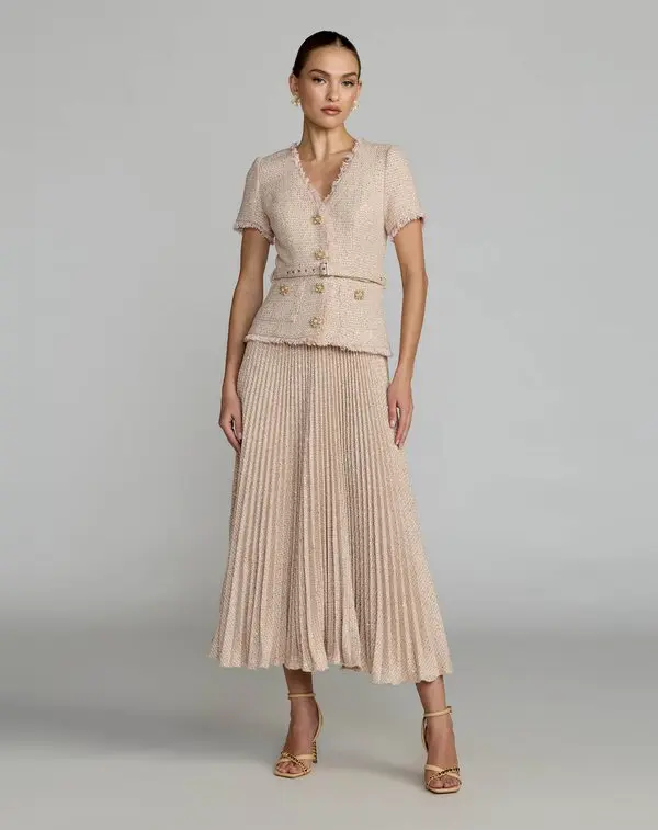 Mac Duggal Textured Bouclé Pleated Maxi Dress With Pearl Buttons - Blush