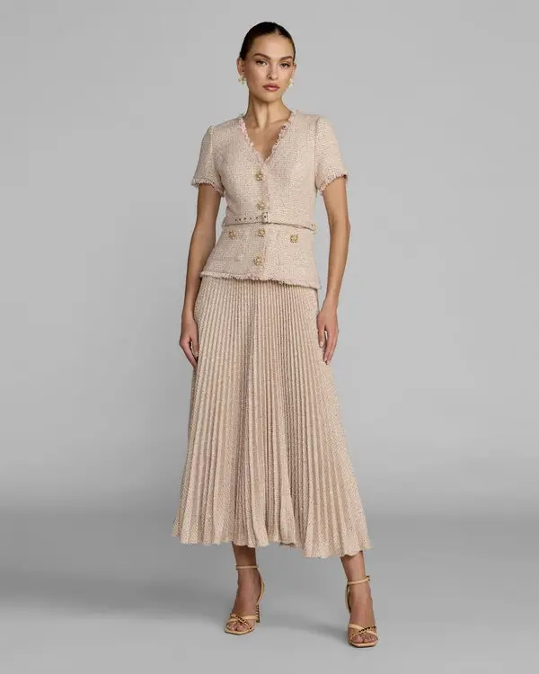 Mac Duggal Textured Boucle Pleated Maxi Dress - Blush