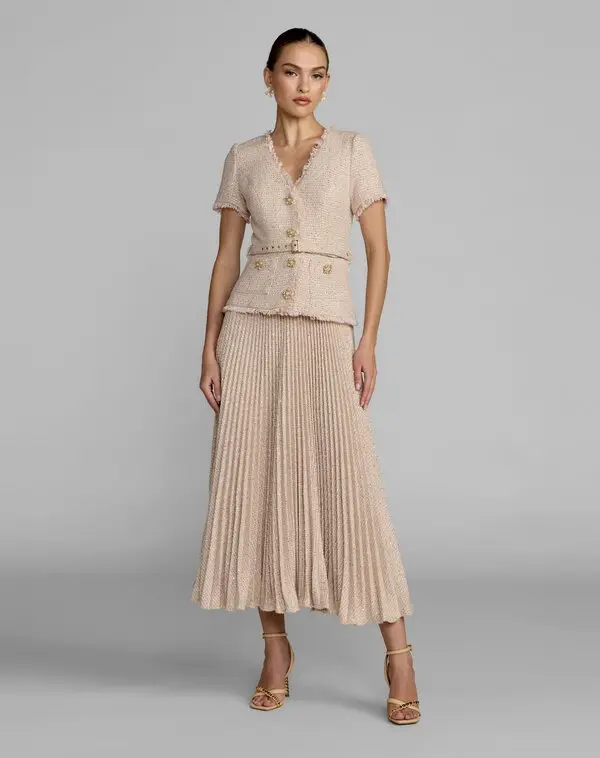 Mac Duggal Textured Boucle Pleated Maxi Dress