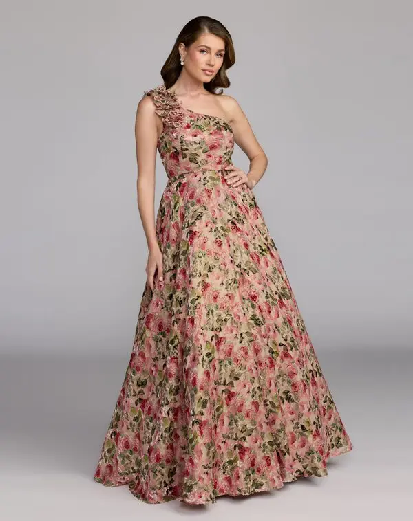 MAC DUGGAL COLLECTION One-shoulder Floral Velvet Ball Gown