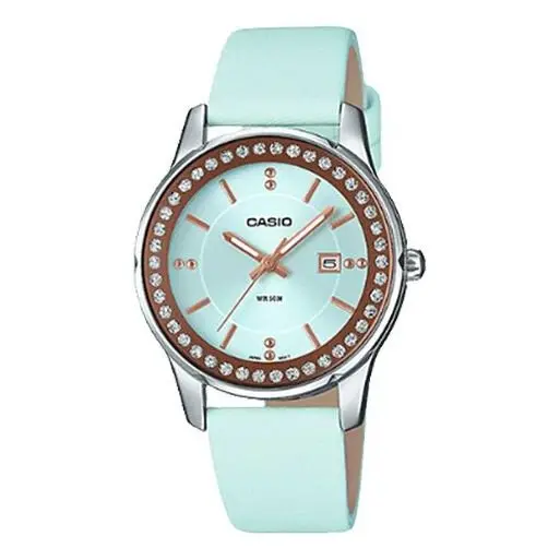 Casio Analog Quartz Watch With Studded Bezel And Leather Strap - Green
