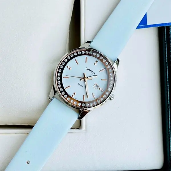 Casio Analog Quartz Watch With Studded Bezel And Leather Strap