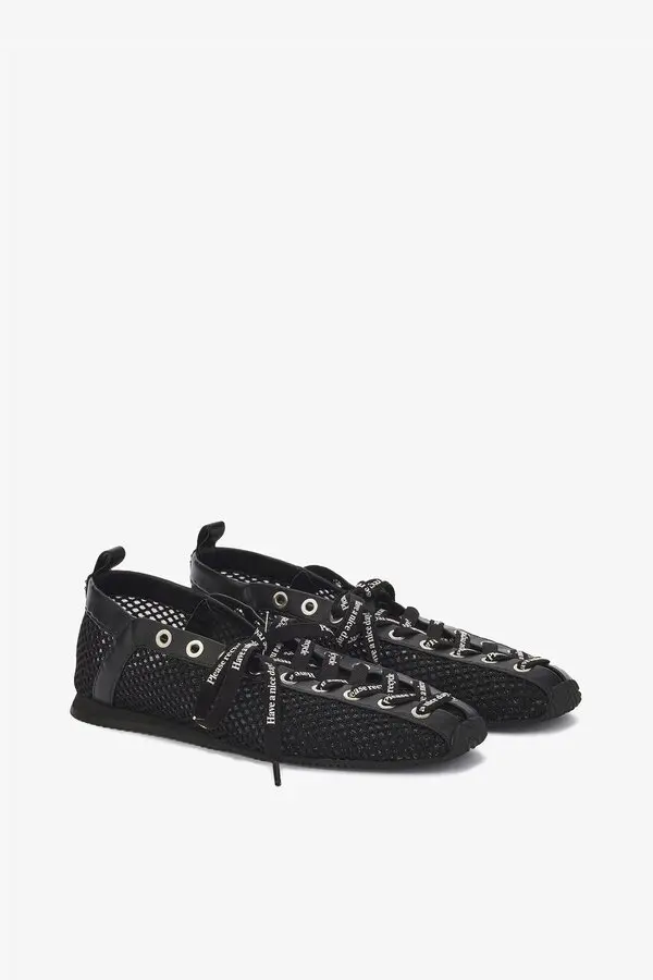GANNI Mesh Lace-up Flat Ballerina - Black