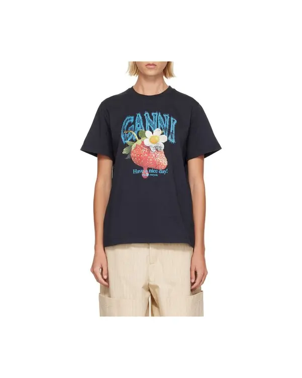 GANNI Strawberry Printed Crewneck T-shirt - Black