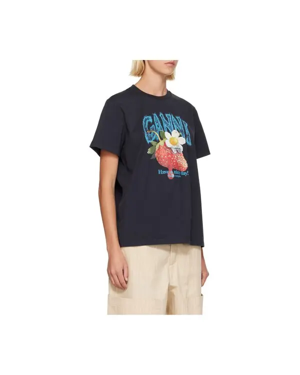 GANNI Strawberry Printed Crewneck T-shirt - Black