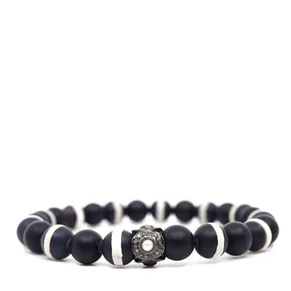 SHAR OKE Black And White Onyx & Tibetan Agate Bead Bracelet With Sterling Silver And Pearl Focal - Black/white