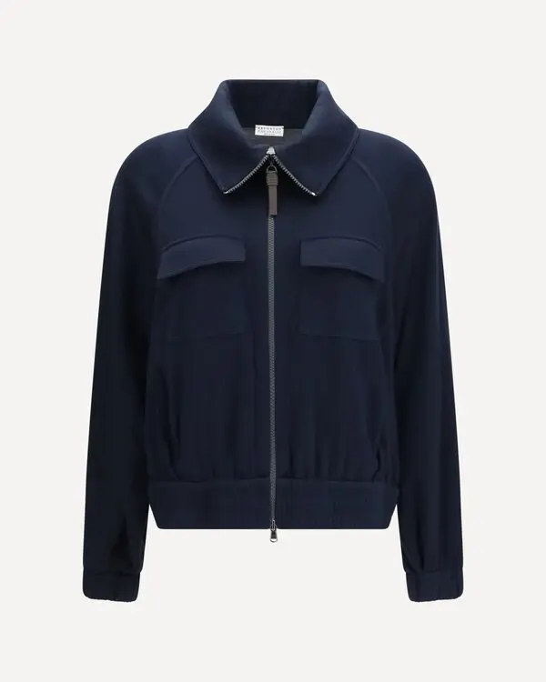 Brunello Cucinelli High-neck Sweatshirt In Cotton And Silk Blend - Blue