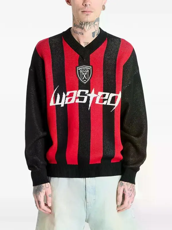 WASTED Striped Logo-intarsia V-neck Sweater
