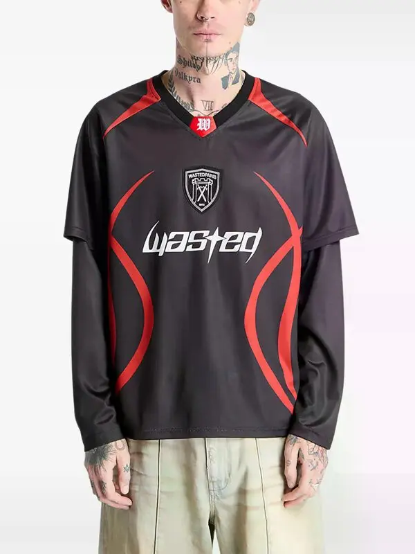 WASTED Graphic Print V-neck Long Sleeve T-shirt