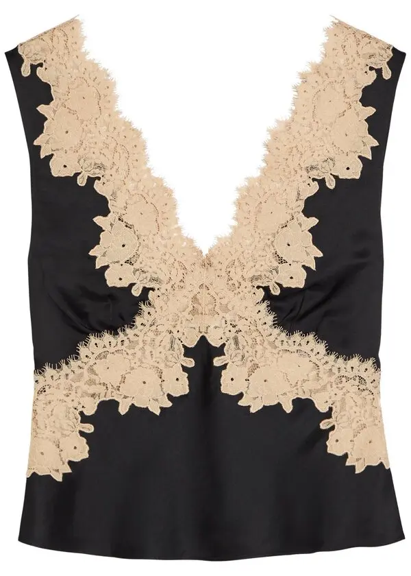 Rixo Emmie Lace-trimmed Satin V-neck Top - Black