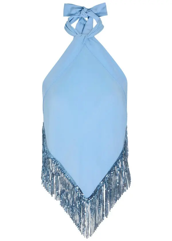 Rabanne Fringed Chains Asymmetric Woven Top - Blue
