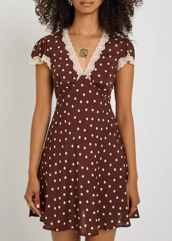Rixo Cely Polka Dot Crepe De Chine Mini Dress - Brown