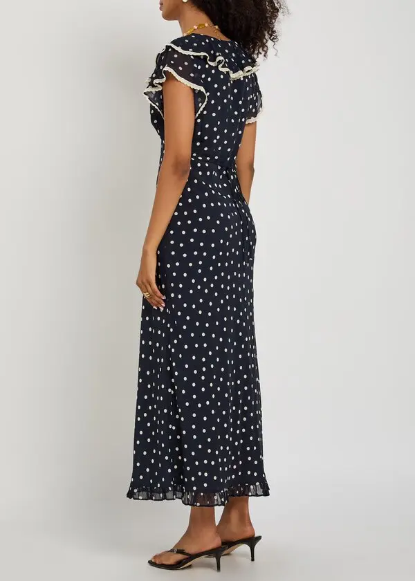 Rixo Bethea Polka Dot Crepe De Chine Midi Dress - Navy
