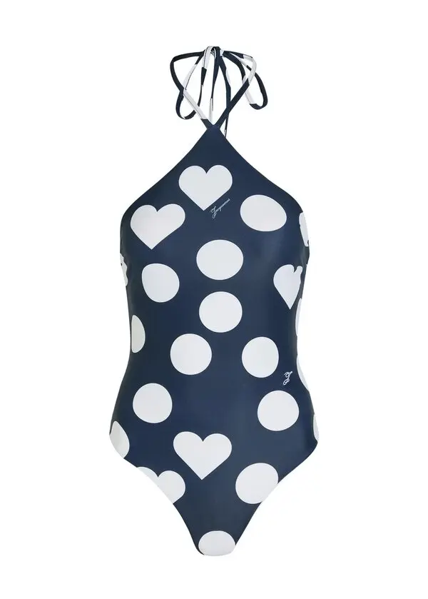 Jacquemus Le Maillot Bastide Polka Dot Halterneck Swimsuit - Navy