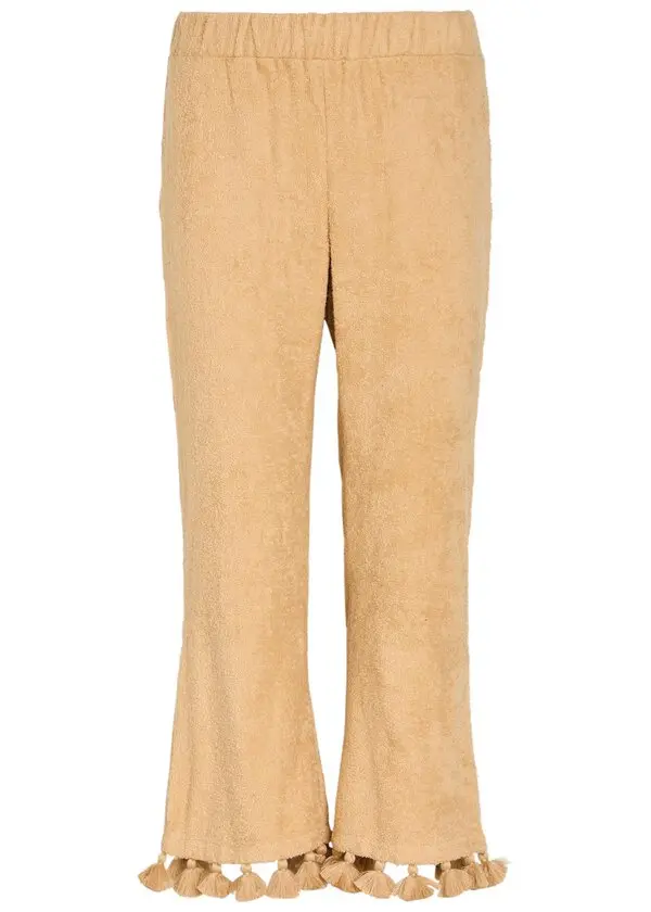 Cap D'antibes Morgane Tasseled-hem Straight-leg Terry Trousers - Beige