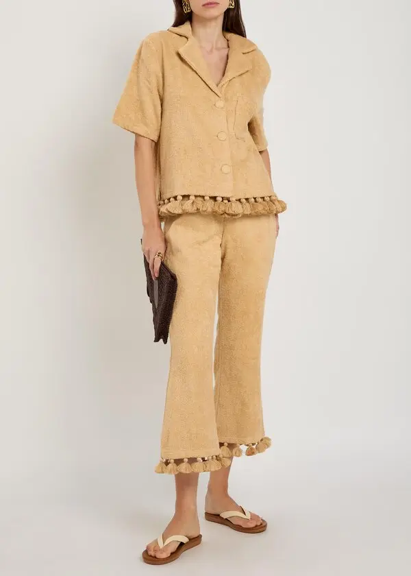 Cap D'antibes Morgane Tasseled-hem Straight-leg Terry Trousers - Beige
