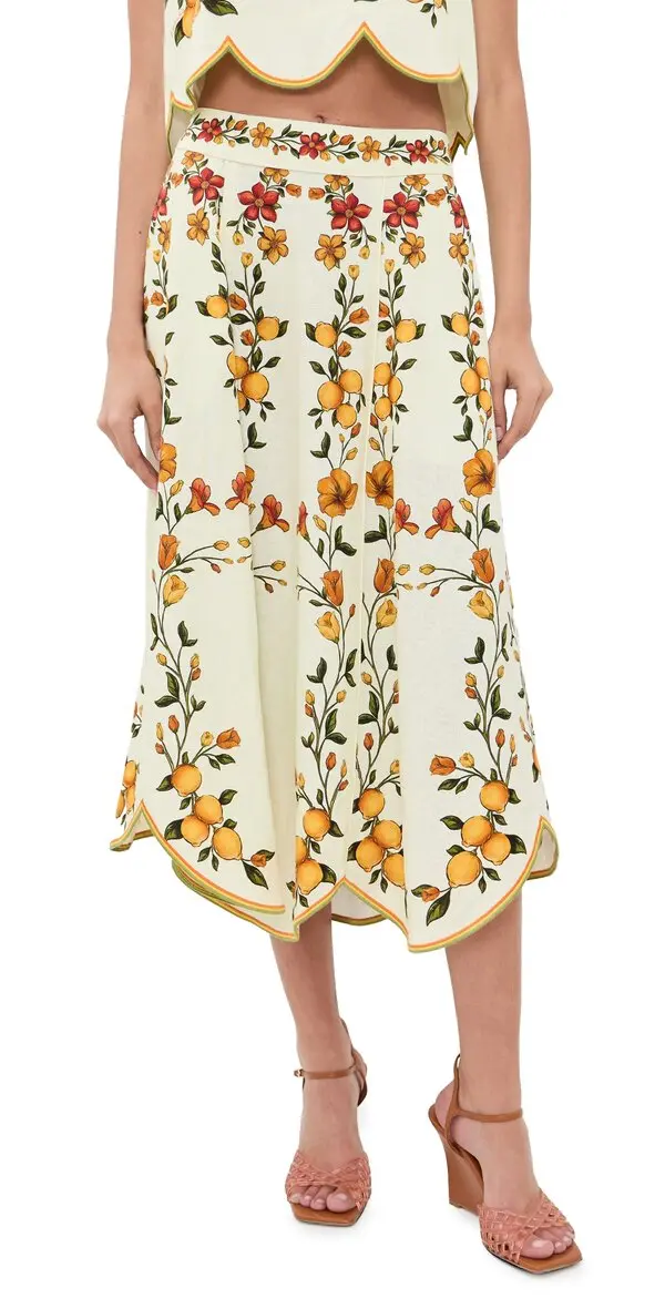 Farm Rio Floral Scalloped Midi Skirt - Lemon Bouquet Off-white