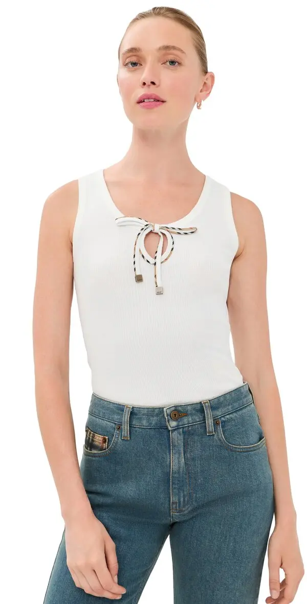 Burberry Tierra Ribbed Cotton Tank Top With Neckline Tie Detail - Chalk