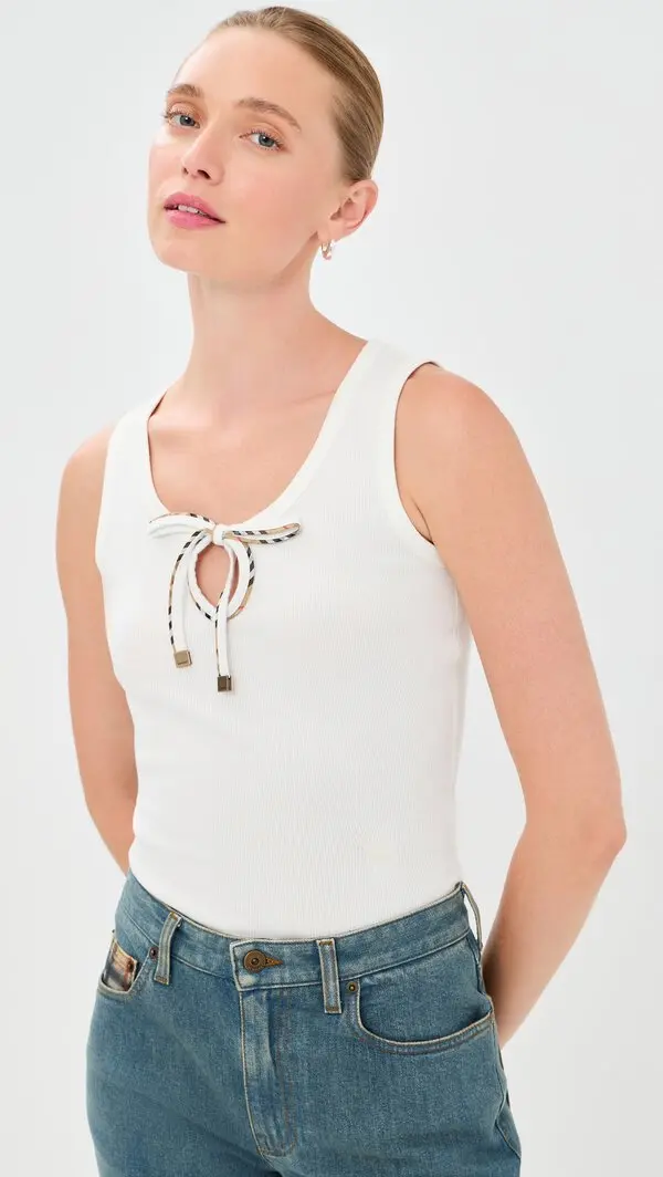 Burberry Tierra Ribbed Cotton Tank Top With Neckline Tie Detail
