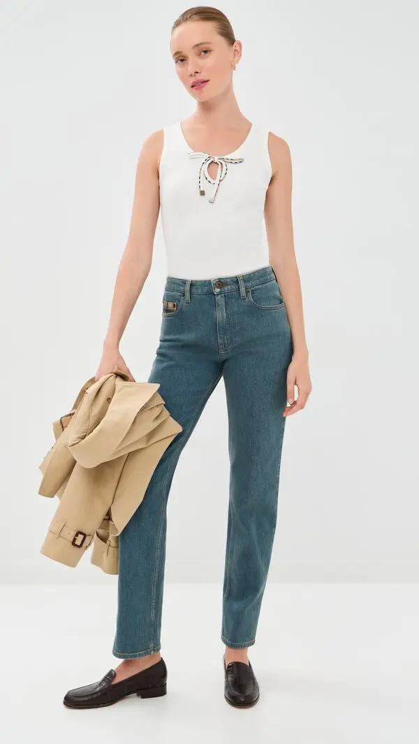 Burberry Tierra Ribbed Cotton Tank Top With Neckline Tie Detail