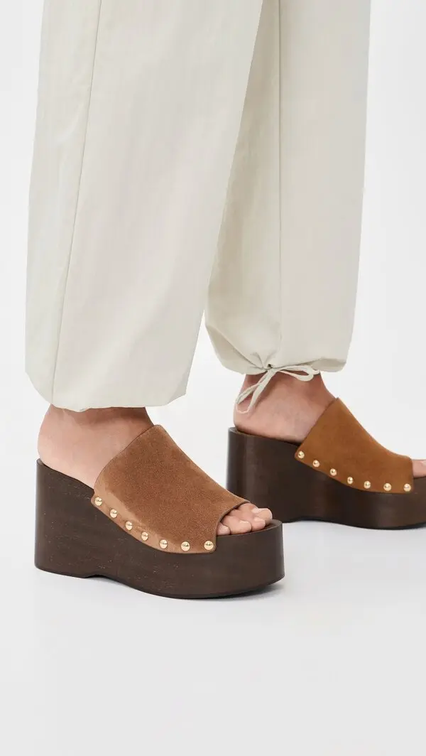 STUART WEITZMAN Suede Clog Platform Slides With Gold-tone Studs