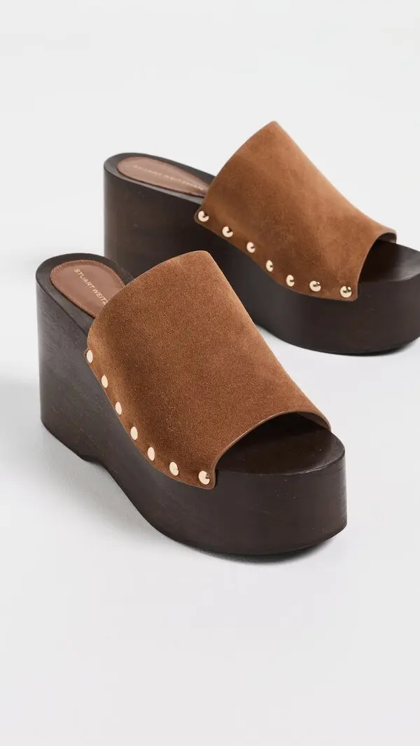 STUART WEITZMAN Suede Clog Platform Slides With Gold-tone Studs