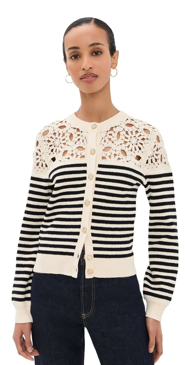 FRAME Coastal Stripe Cardigan With Floral Crochet Lace Detail - Cream Multi