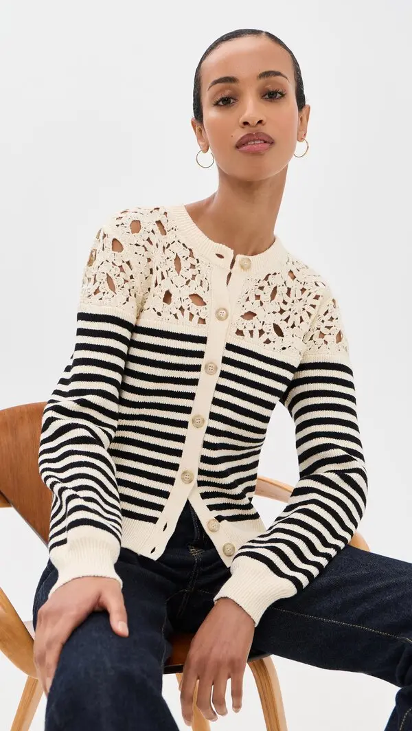 FRAME Coastal Stripe Cardigan With Floral Crochet Lace Detail