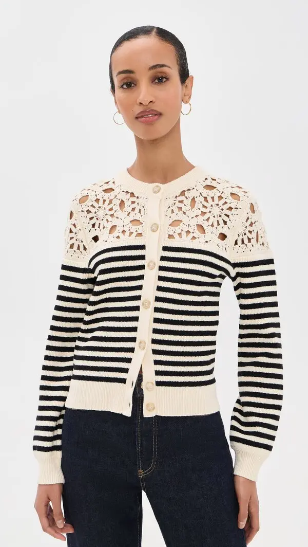 FRAME Coastal Stripe Cardigan With Floral Crochet Lace Detail