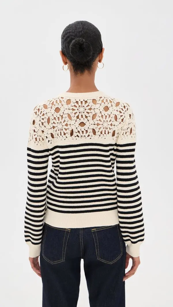 FRAME Coastal Stripe Cardigan With Floral Crochet Lace Detail