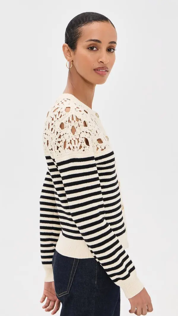 FRAME Coastal Stripe Cardigan With Floral Crochet Lace Detail