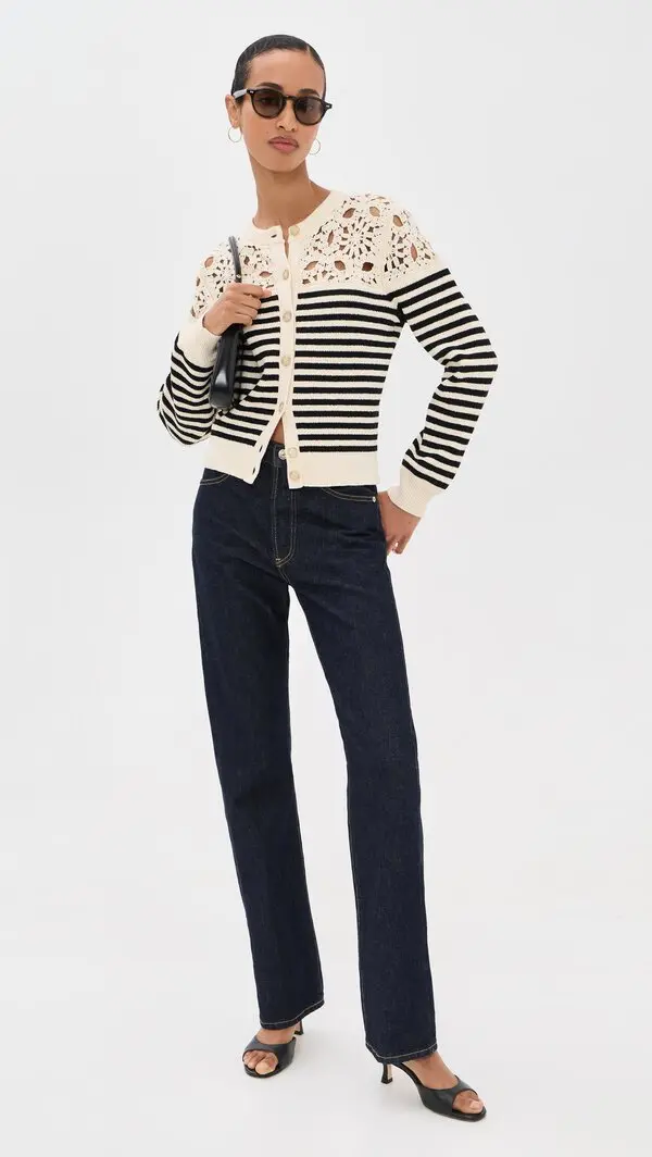 FRAME Coastal Stripe Cardigan With Floral Crochet Lace Detail