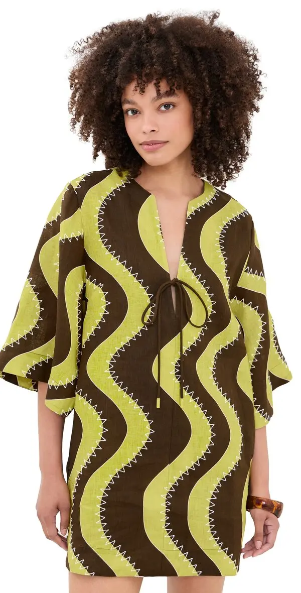 ALEMAIS Frankie Mini Dress In Linen With Wave Print - Yellow