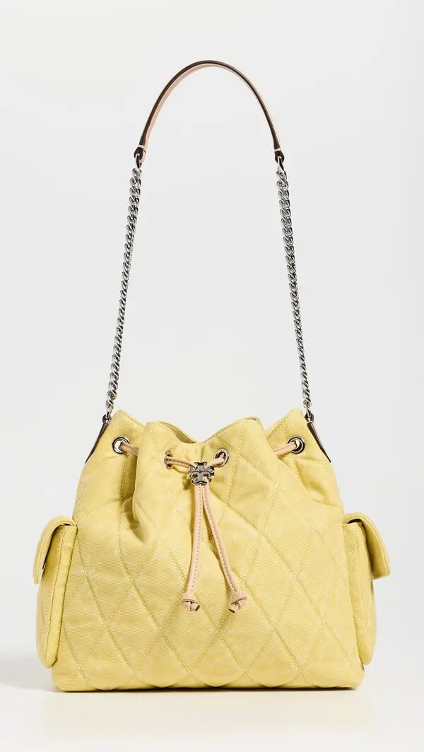 Tory Burch Charlie Quilted Denim Drawstring Shoulder Bag - Yellow