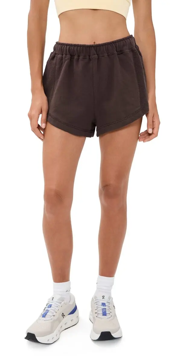Free People High-rise Terry Shorts With Embroidered Logo And Drawstring Waist - Chocolate