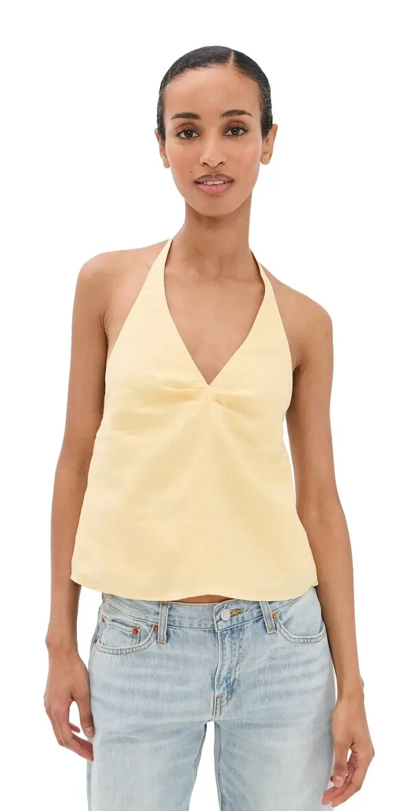 Staud Corso Linen V-neck Halter Top - Butter