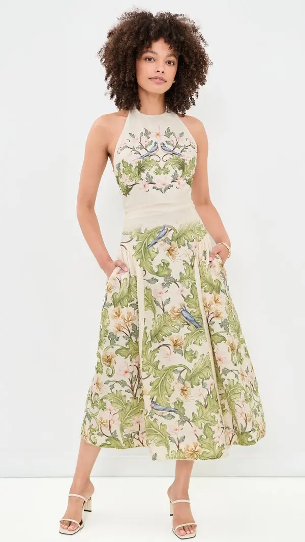 Agua Bendita Balsa Anhelo Printed Linen Halterneck Midi Dress