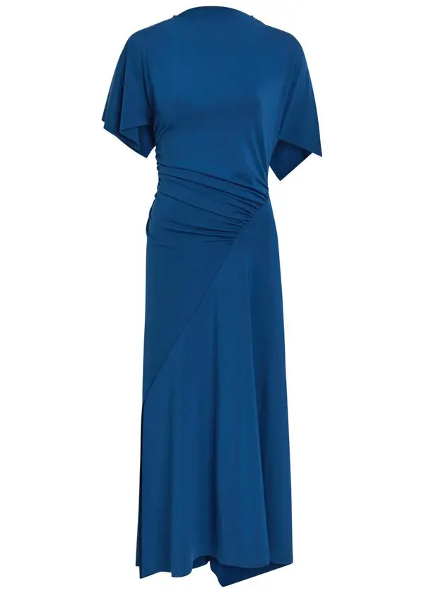 Victoria Beckham Asymmetric Ruched Stretch-jersey Midi Dress - Dark Blue