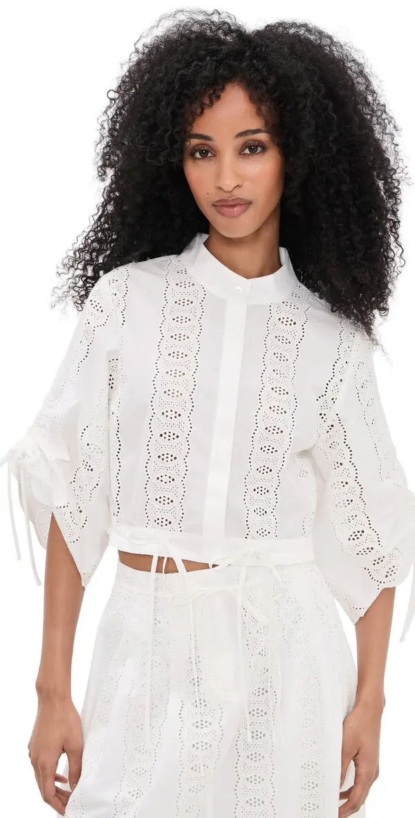 HEVRON Eva Top Eyelet Mock Neck 3/4 Sleeve - White Eyelet