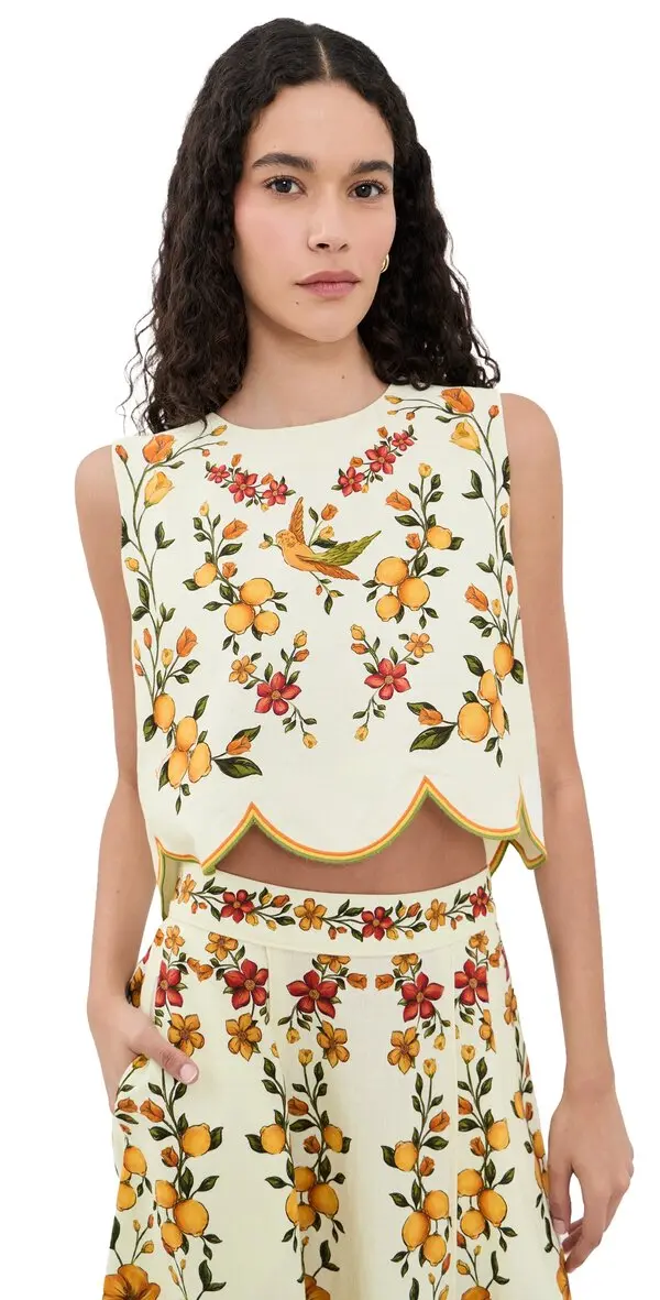 Farm Rio Sleeveless Scalloped Floral Blouse - Lemon Bouquet Off-white