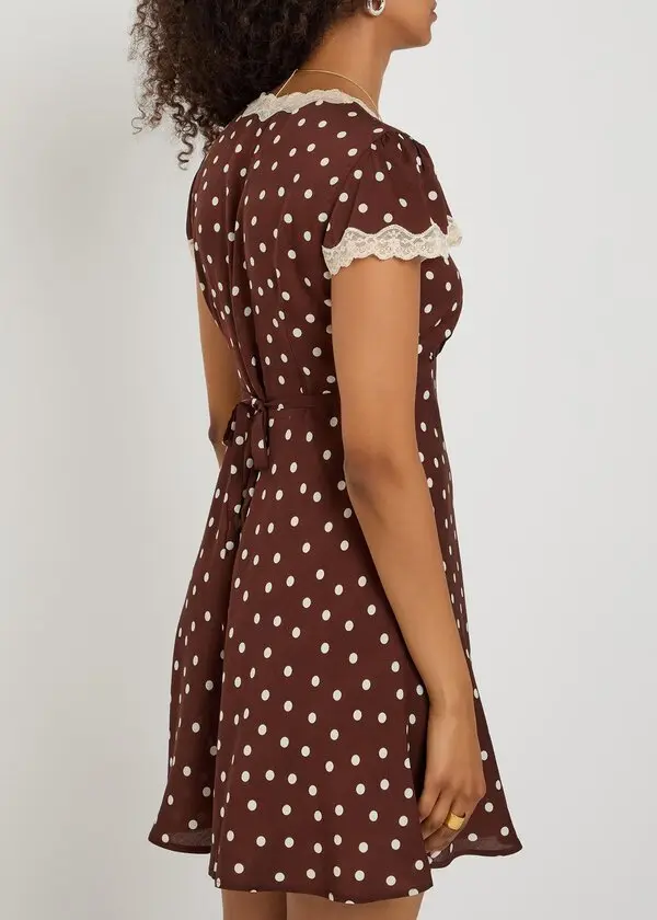 Rixo Polka Dot Crepe De Chine Mini Dress With Appliqué And Lace Trims
