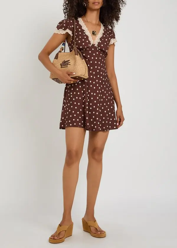 Rixo Polka Dot Crepe De Chine Mini Dress With Appliqué And Lace Trims
