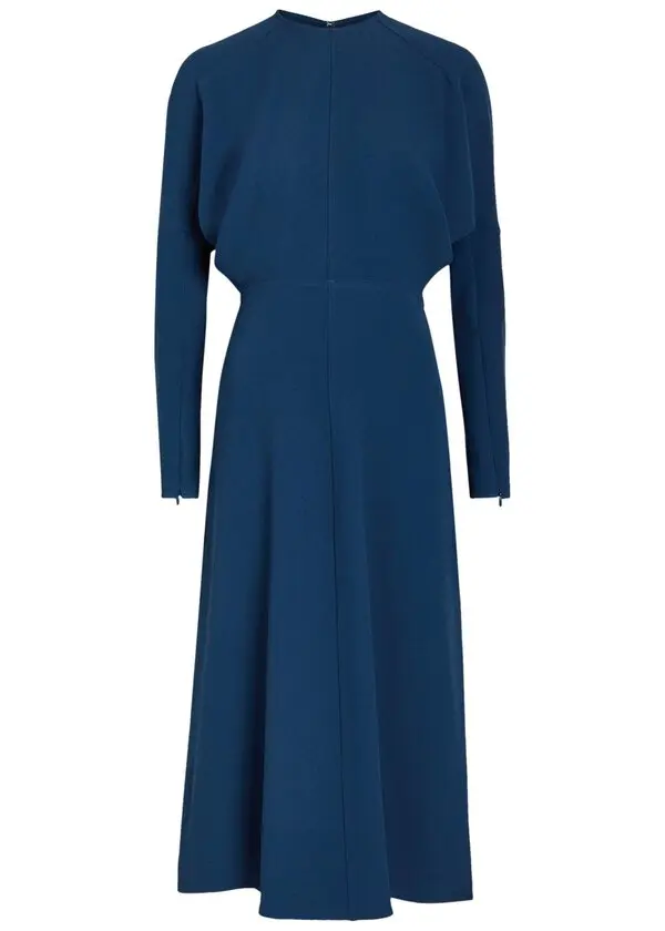 Victoria Beckham Pleated Woven Midi Dress - Dark Blue