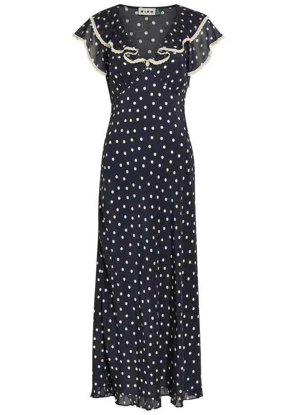 Rixo Bethea Polka Dot Crepe De Chine Midi Dress - Navy