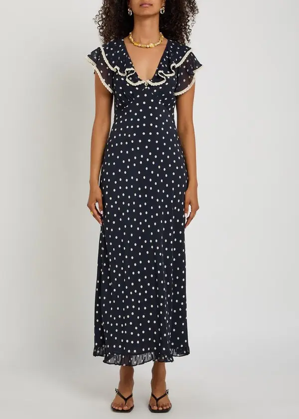Rixo Bethea Polka Dot Crepe De Chine Midi Dress - Navy