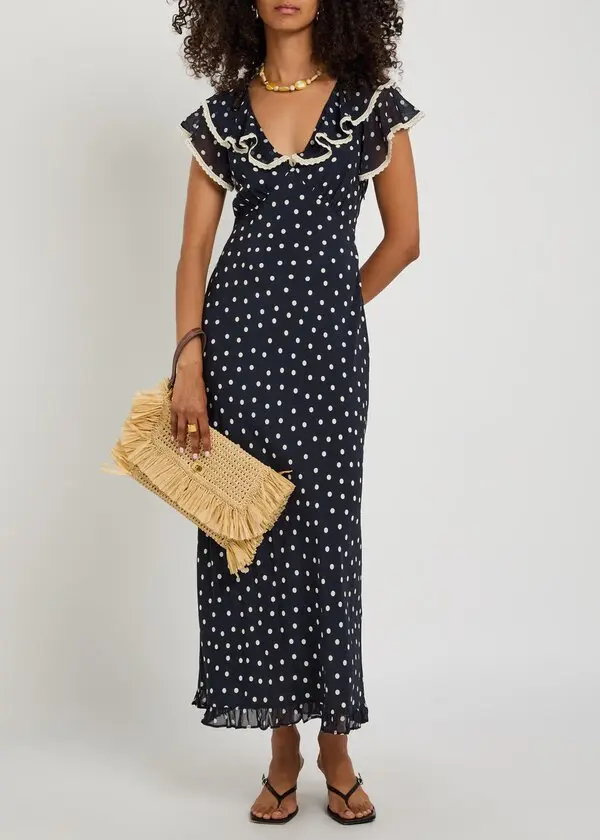Rixo Bethea Polka Dot Crepe De Chine Midi Dress - Navy
