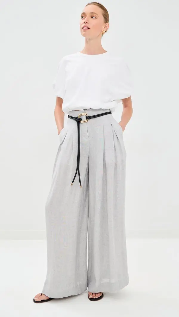 TWP Pleated Wide-leg Hemp Trousers - Light Heather Grey