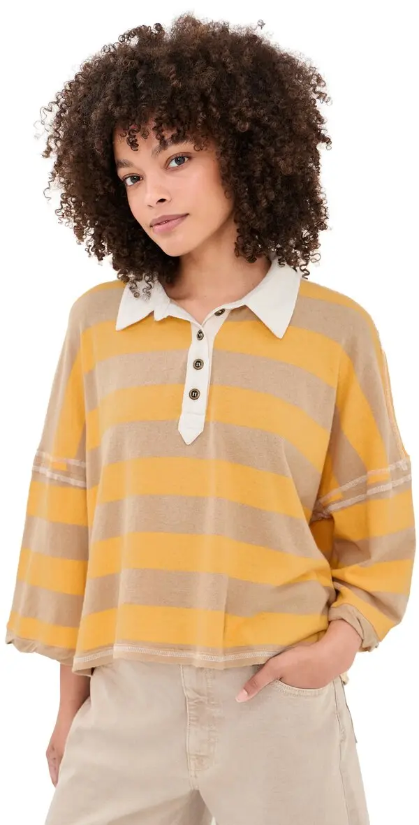 Free People Auggie Striped Collared Shirt - Oat Latte/yellow Fin